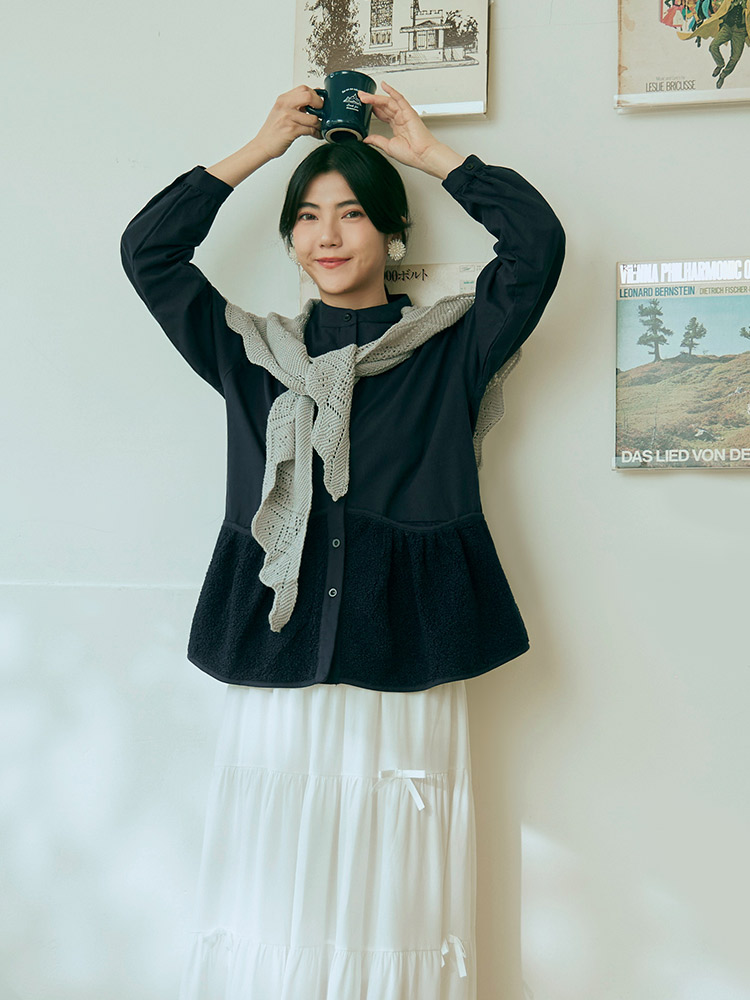 泰迪毛絨拼接造型口袋中山領襯衫外套