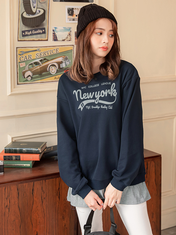 美式復古英文膠印大學T假兩件上衣(3色)