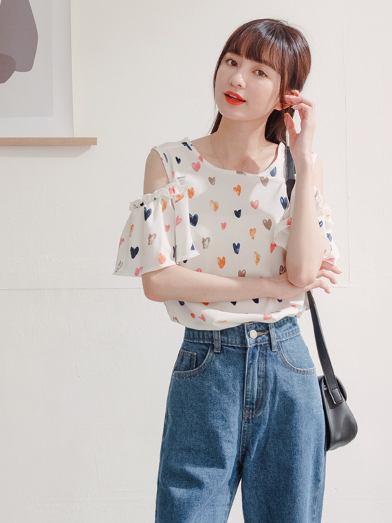 輕雪紡印花上衣荷葉袖露肩不易皺(2色)