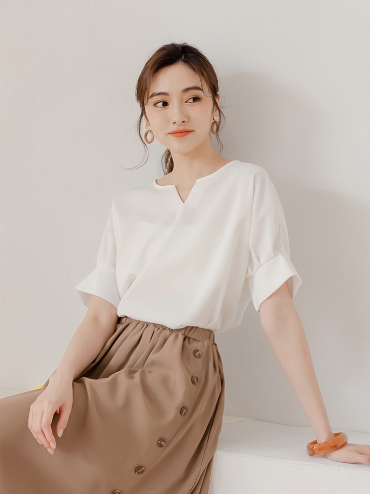 涼感．舒涼雪紡寬版五分連袖上衣