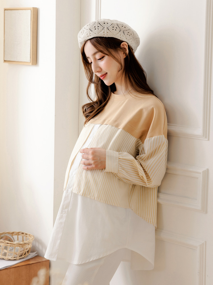 寬鬆純棉假兩件半開襟條紋拼接孕婦上衣
